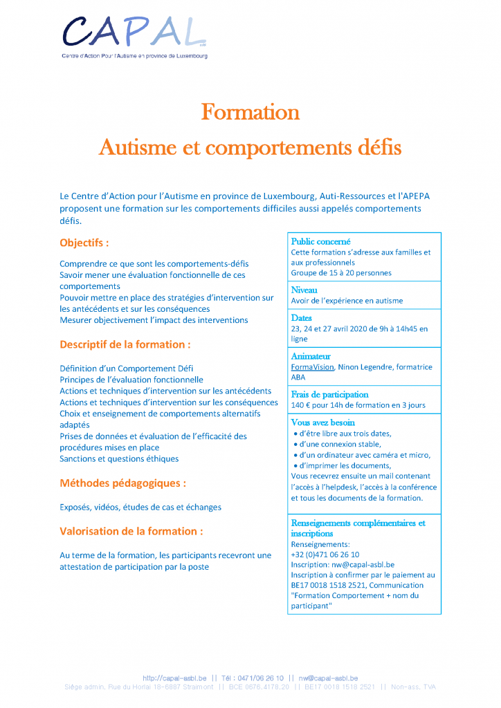 23, 24/4 et 27/4 Formation : comportements défis - Capal